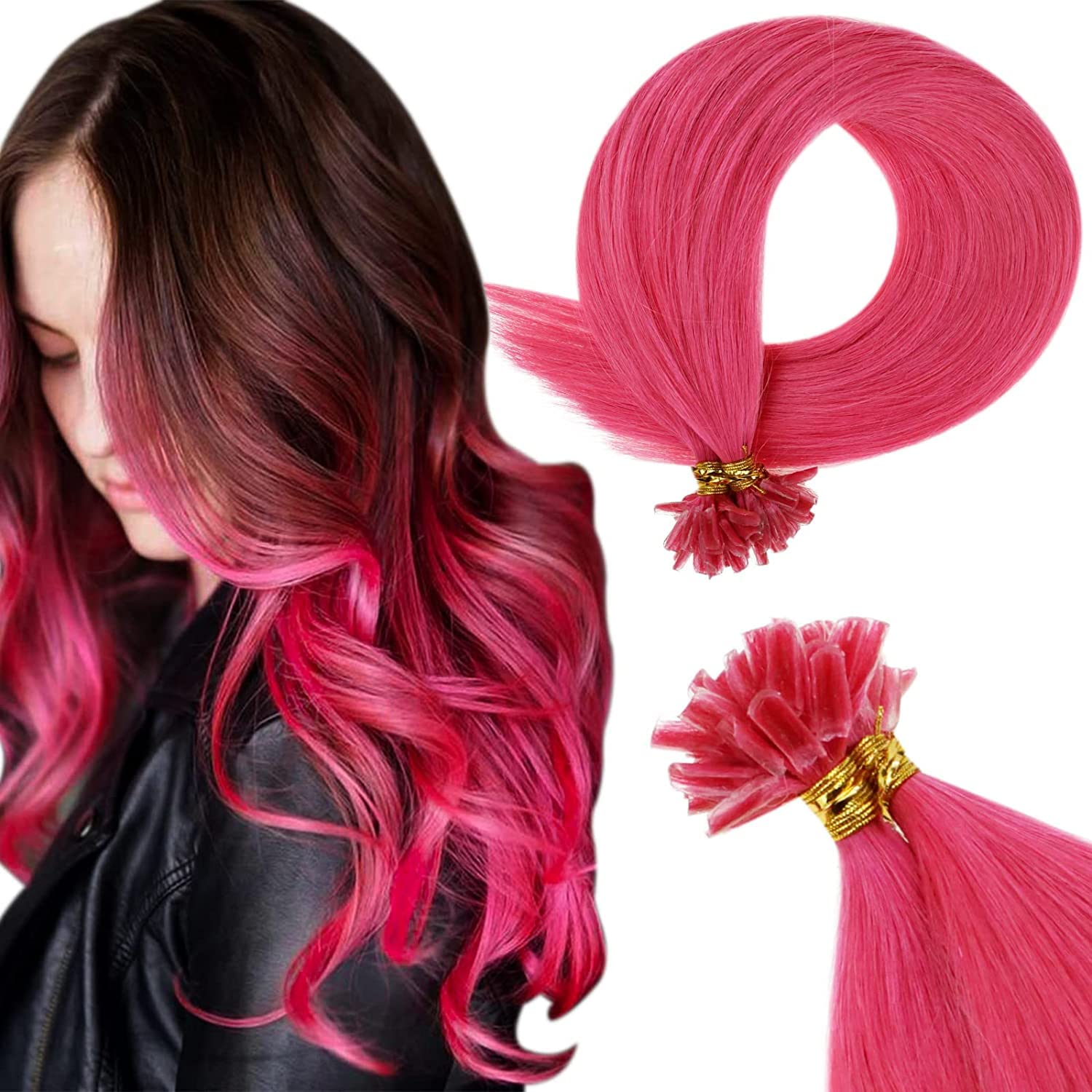Amazon.com: RUNATURE Hot Pink U Tip Extensions Human Hair Straight U ...