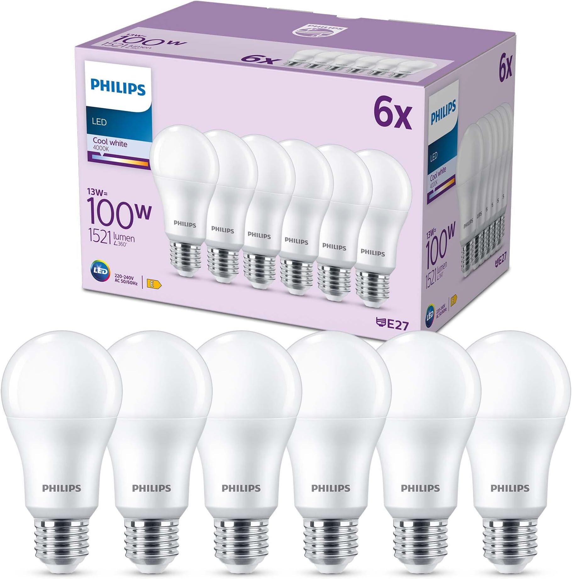 PHILIPS LED E27 Frosted Light Bulbs, 8 W (60 W) - Warm White, Pack of 6 ...