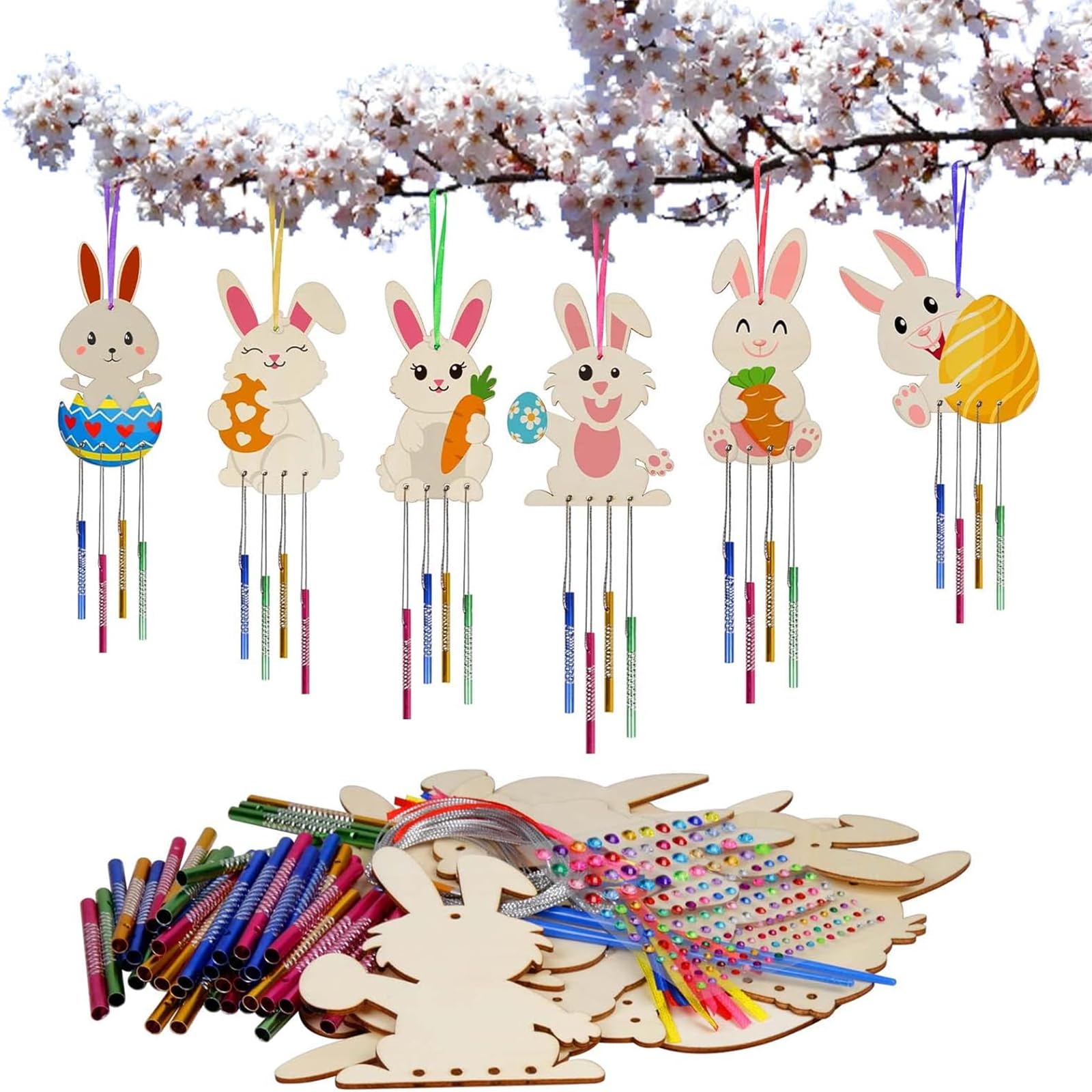 HBell Easter Wooden Wind Chime Kits,Easter Wooden Rabbits Crafts DIY ...