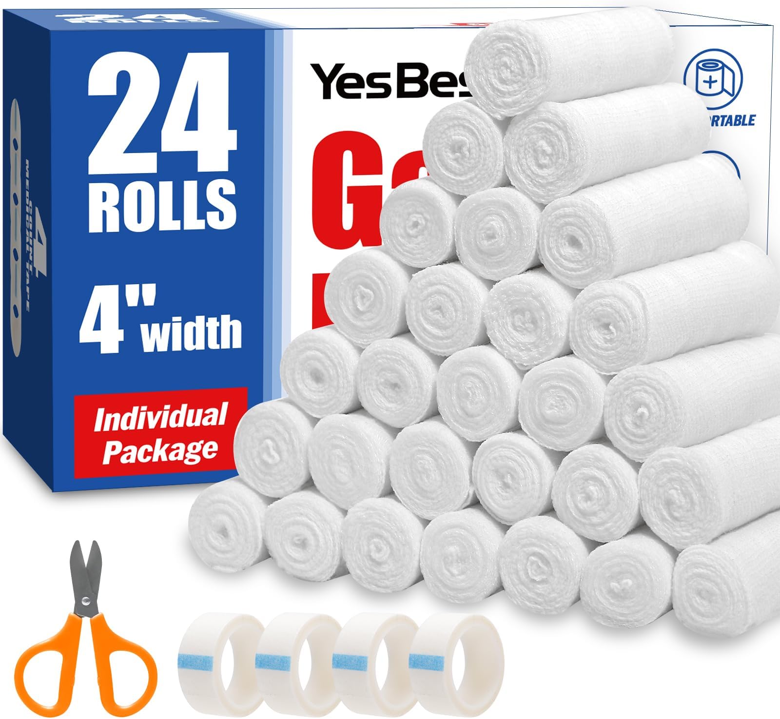 Amazon.com: YesBes 24 Pack Gauze Rolls, 4 in x 4.1 Yards, Premium Gauze ...