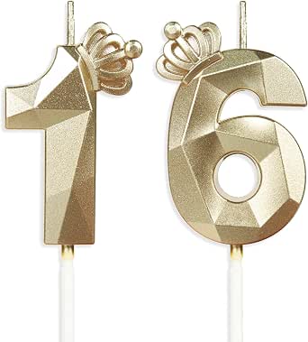 Amazon.com: Number 16 Candles with Crown, 16th Birthday Candles, Gold ...