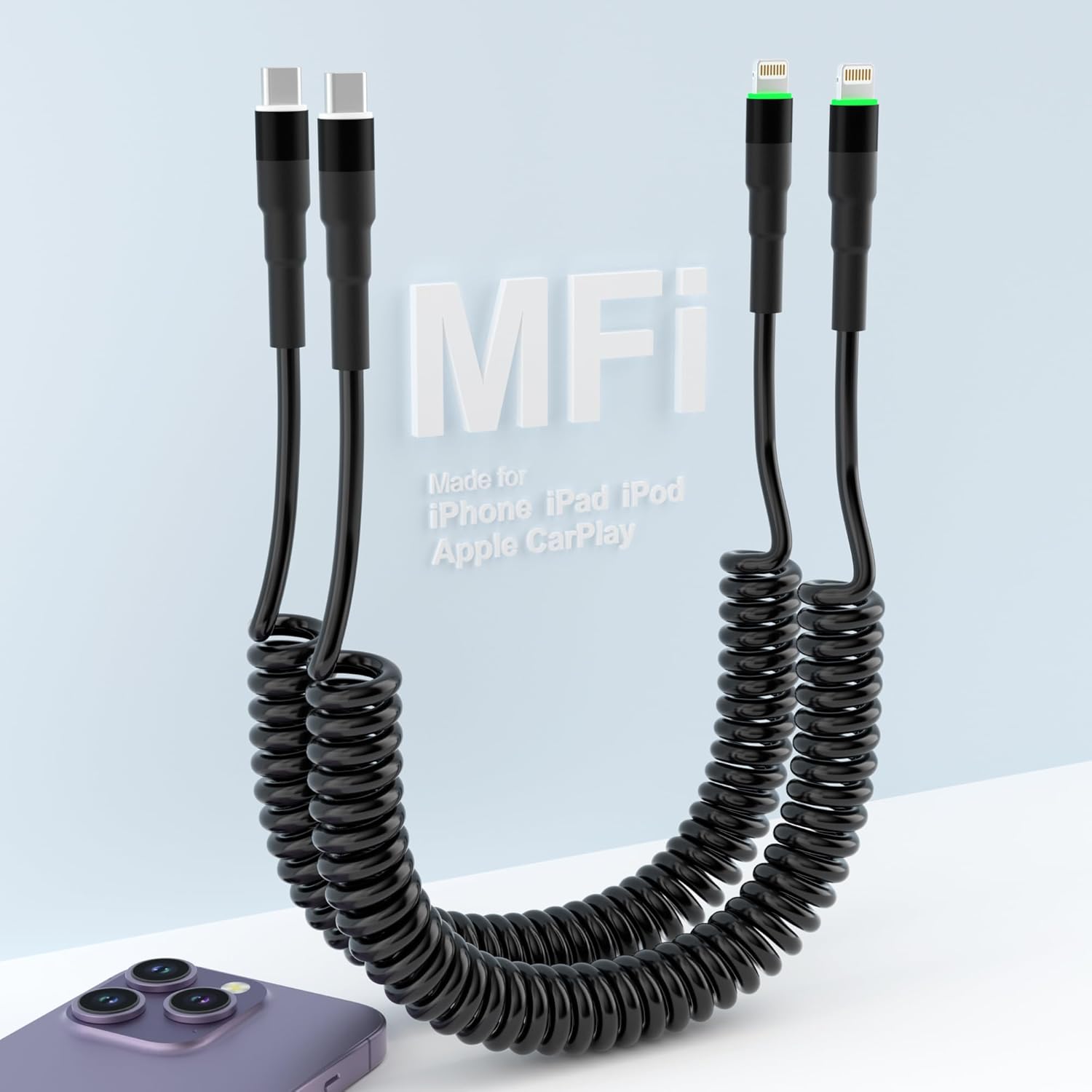 Coiled USB C to Lightning Cable 2 Set, MFi Certified Support Apple ...