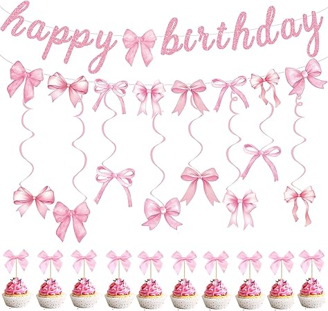Amazon.com: Pink Bow Banner Hanging Swirls with Bowknot Cupcake Toppers ...