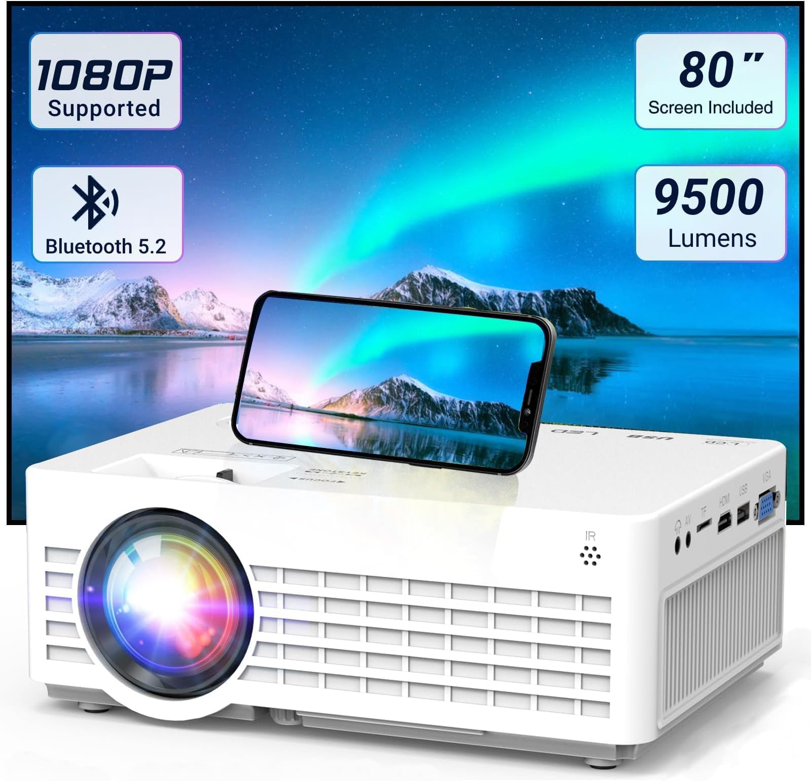 Mini Projector with Screen, 1080P Portable Projector with Bluetooth ...