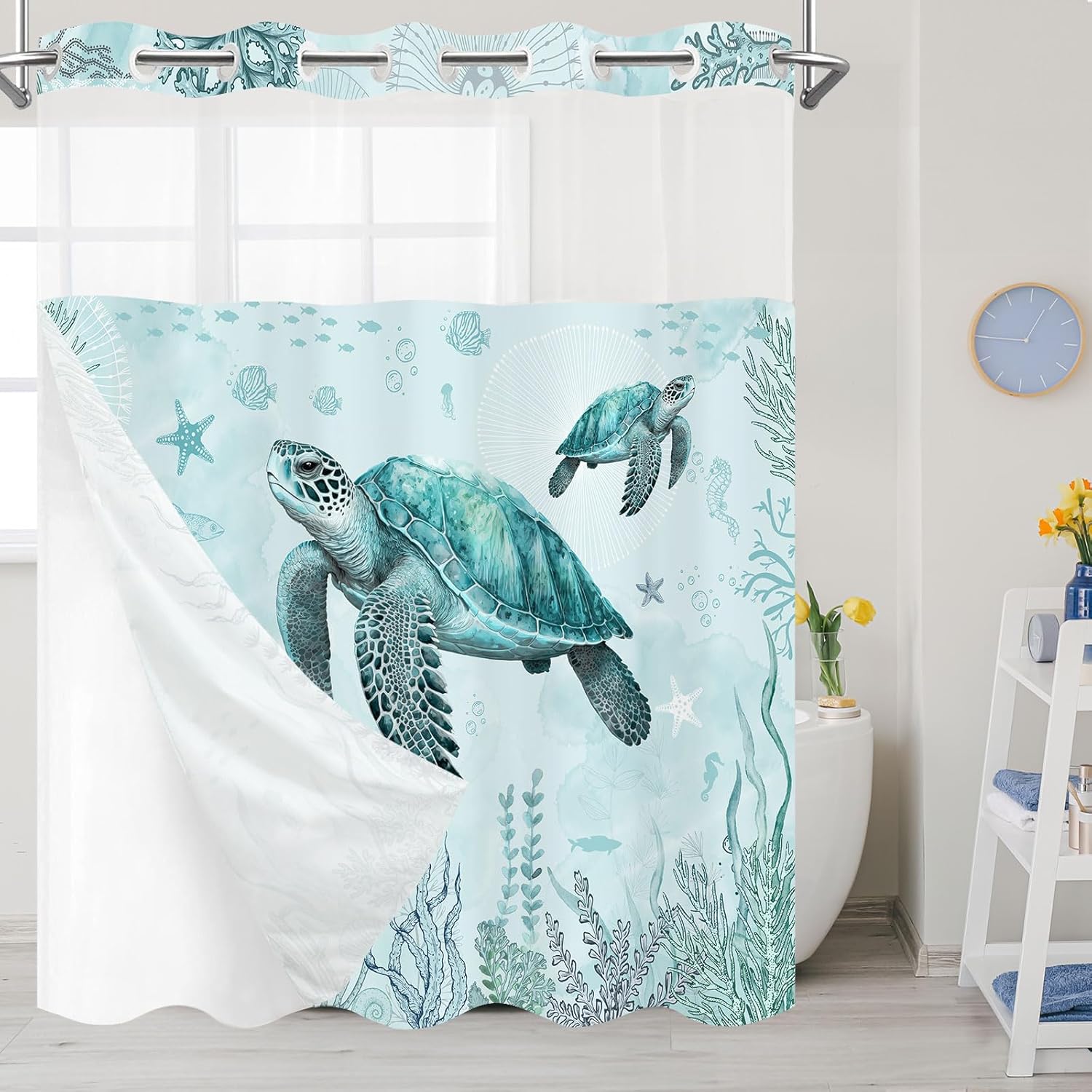 Amazon.com: Nautical Coastal No Hook Shower Curtain with Snap in Liner ...
