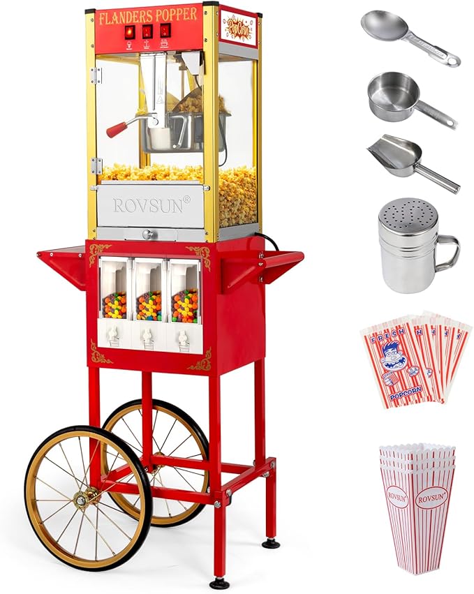 Amazon.com: ROVSUN Popcorn Machine w/Cart, Wheels & 8 Oz Kettle Makes ...