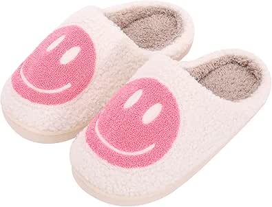Amazon.com: Qubuwalk Retro Preppy Happy Face Slippers Warm Fuzzy ...