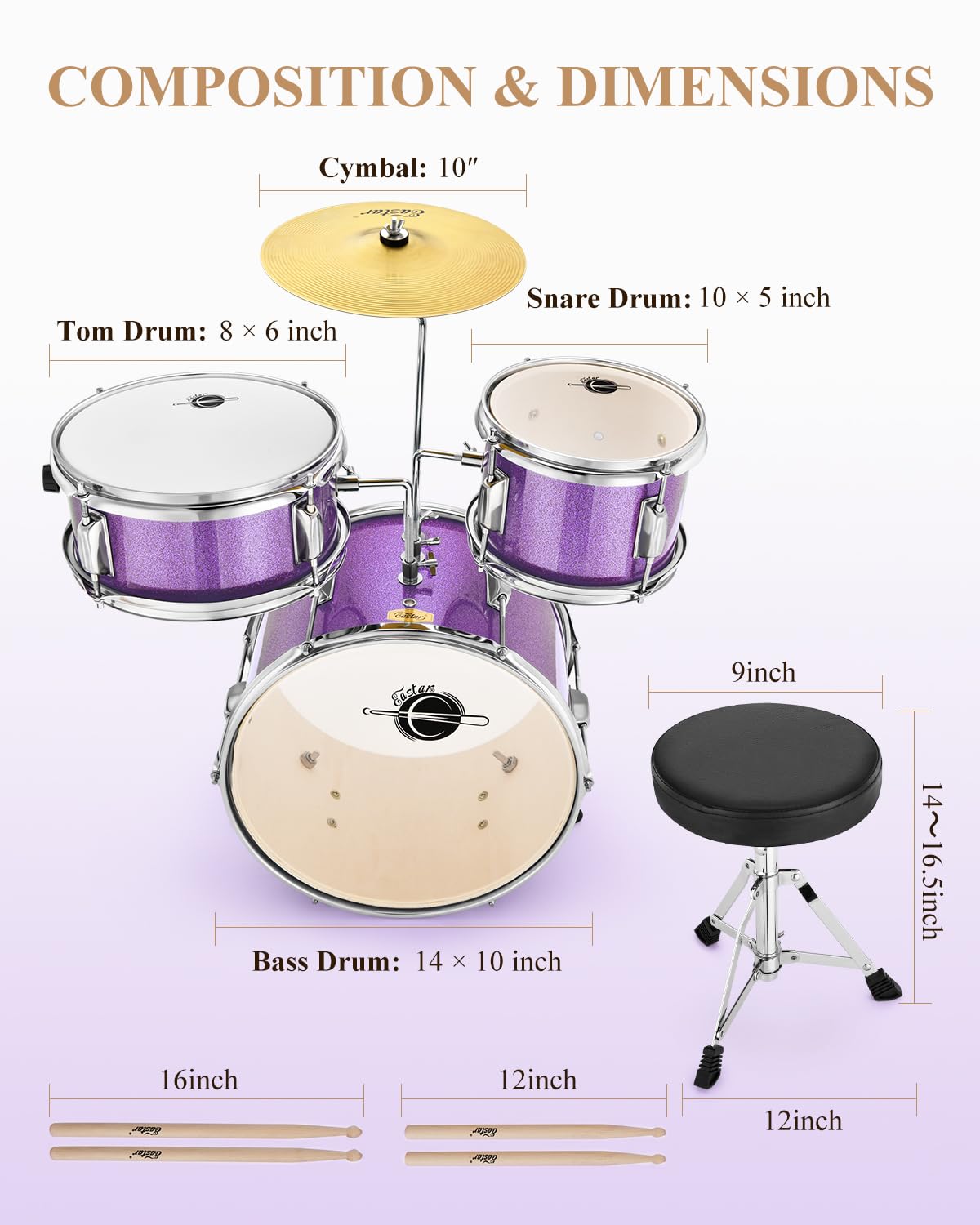 Snapklik.com : Eastar Drum Set 14 Inch For Beginners,3 Piece Junior ...