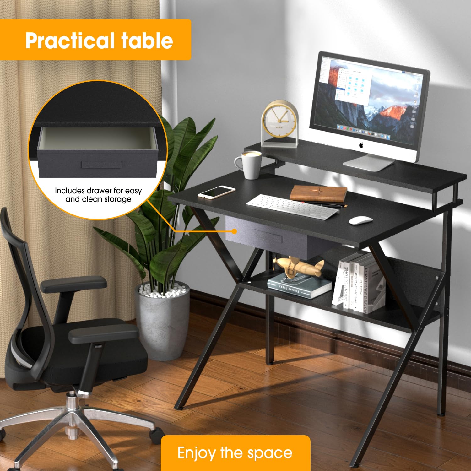 Aludest Computer Desk with 2-Tier Shelf Table for Small Spaces,Home ...