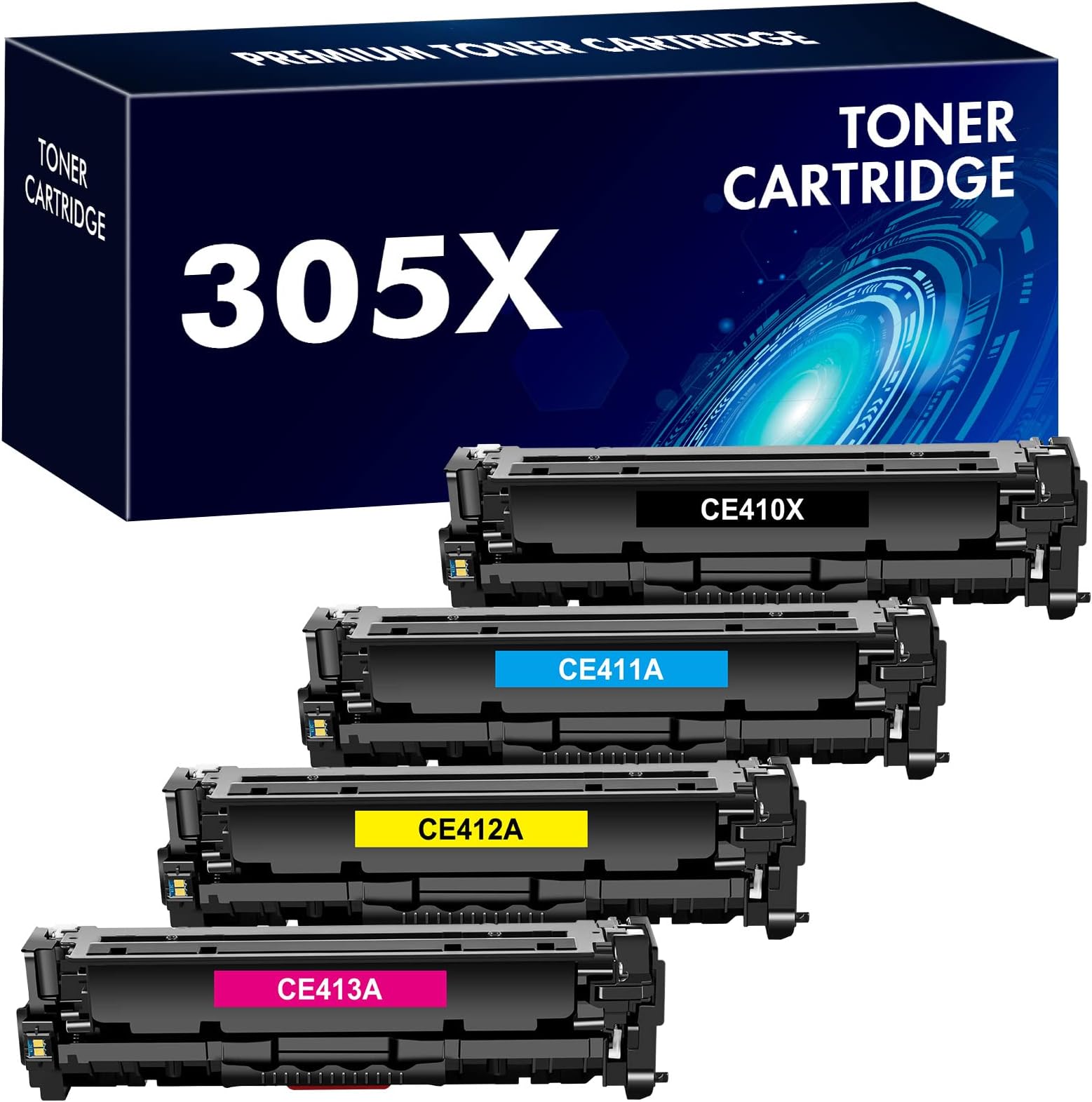 4-Pack Toner Cartridge 305X CE410X Compatible for HP 305A CE410A CE411A ...