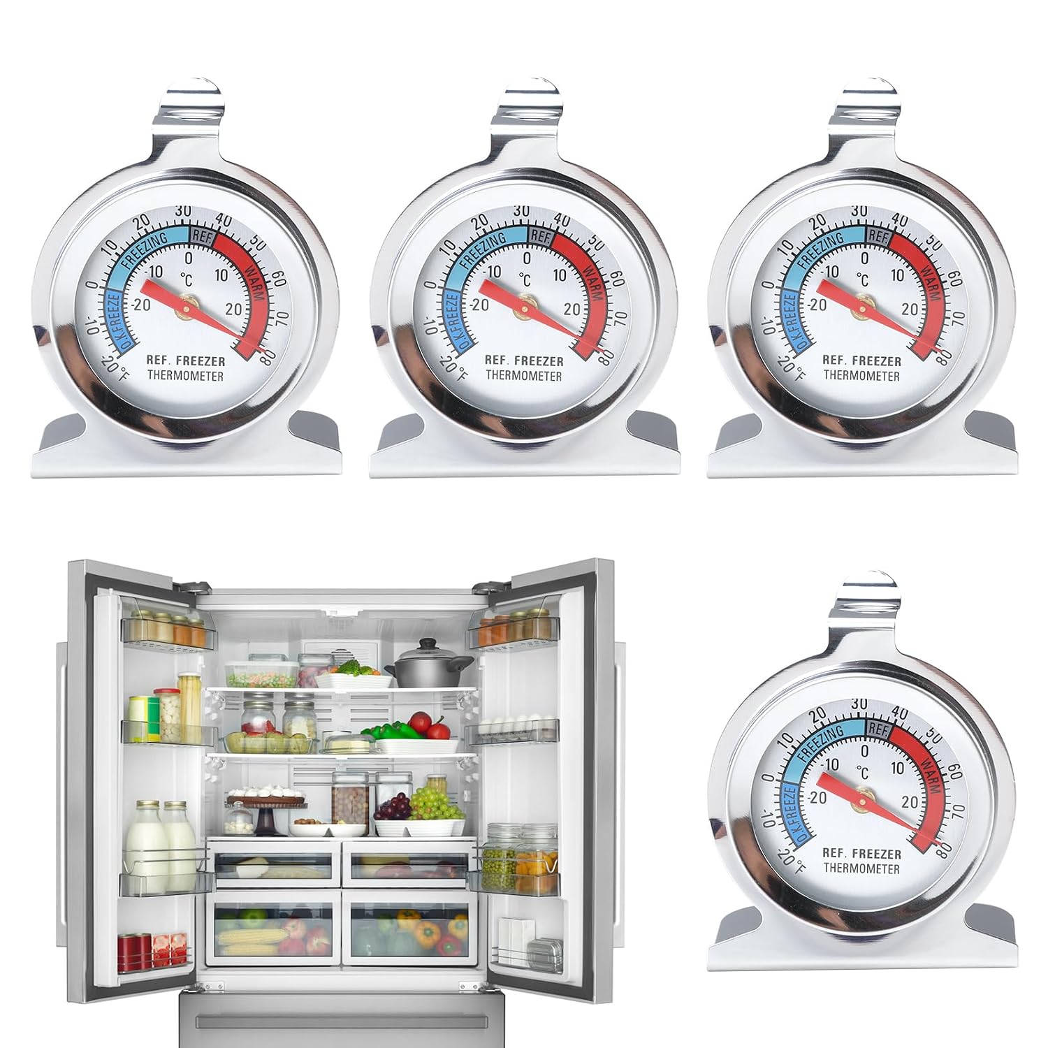 4 Packs Fridge Thermometer, Freezer Thermometers with Large Dial ...
