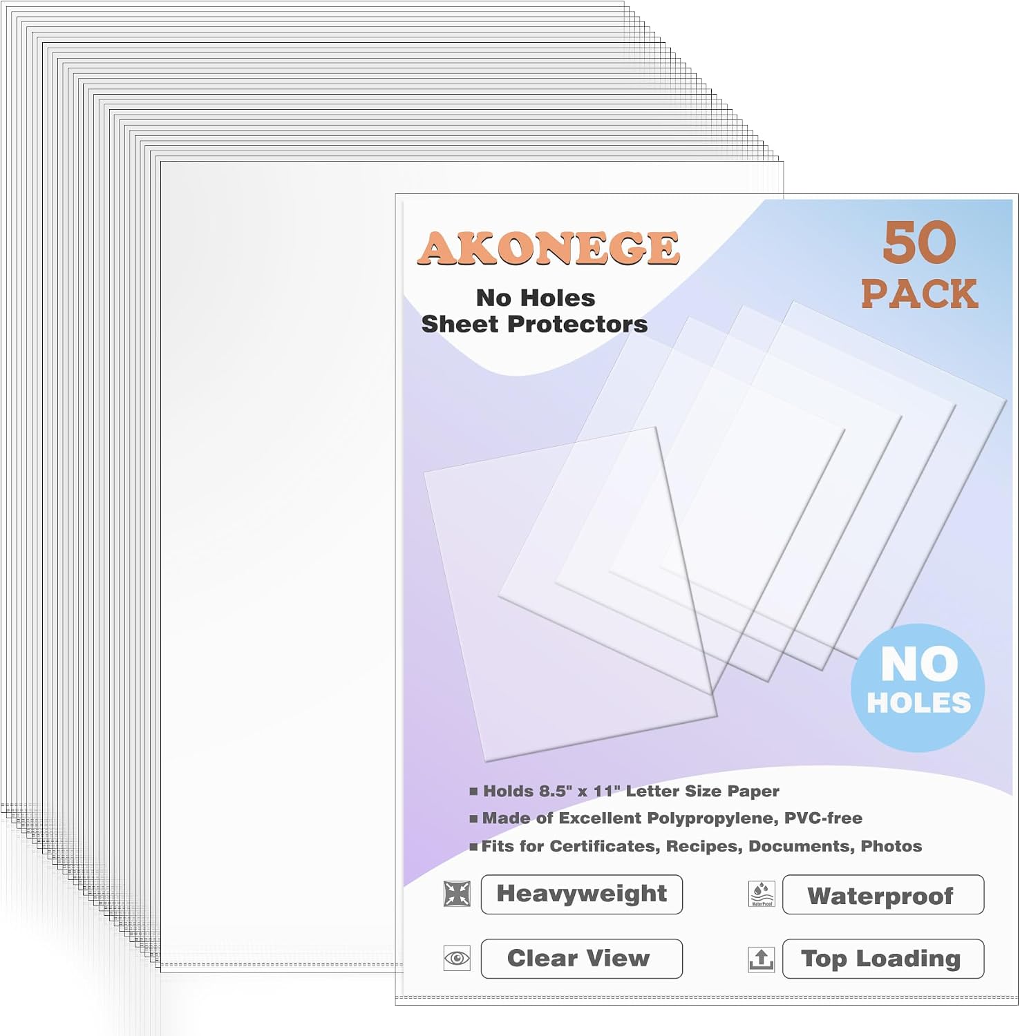 Amazon.com : AKONEGE 50 Pack No Holes Sheet Protectors 8.5 x 11 Inch ...