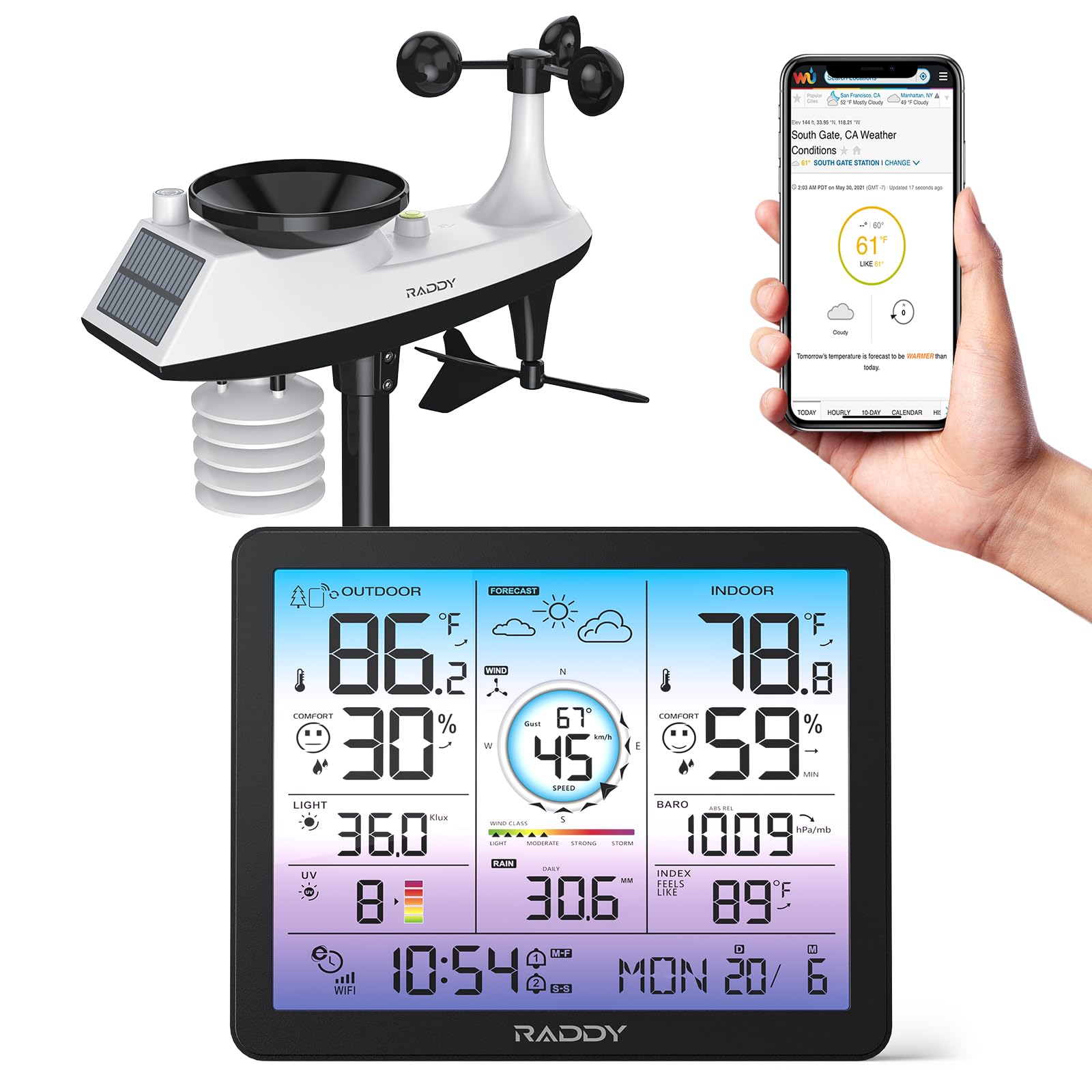 Raddy VP7 Wi-Fi Weather Station, 15-in-1 Wireless Weather Station ...