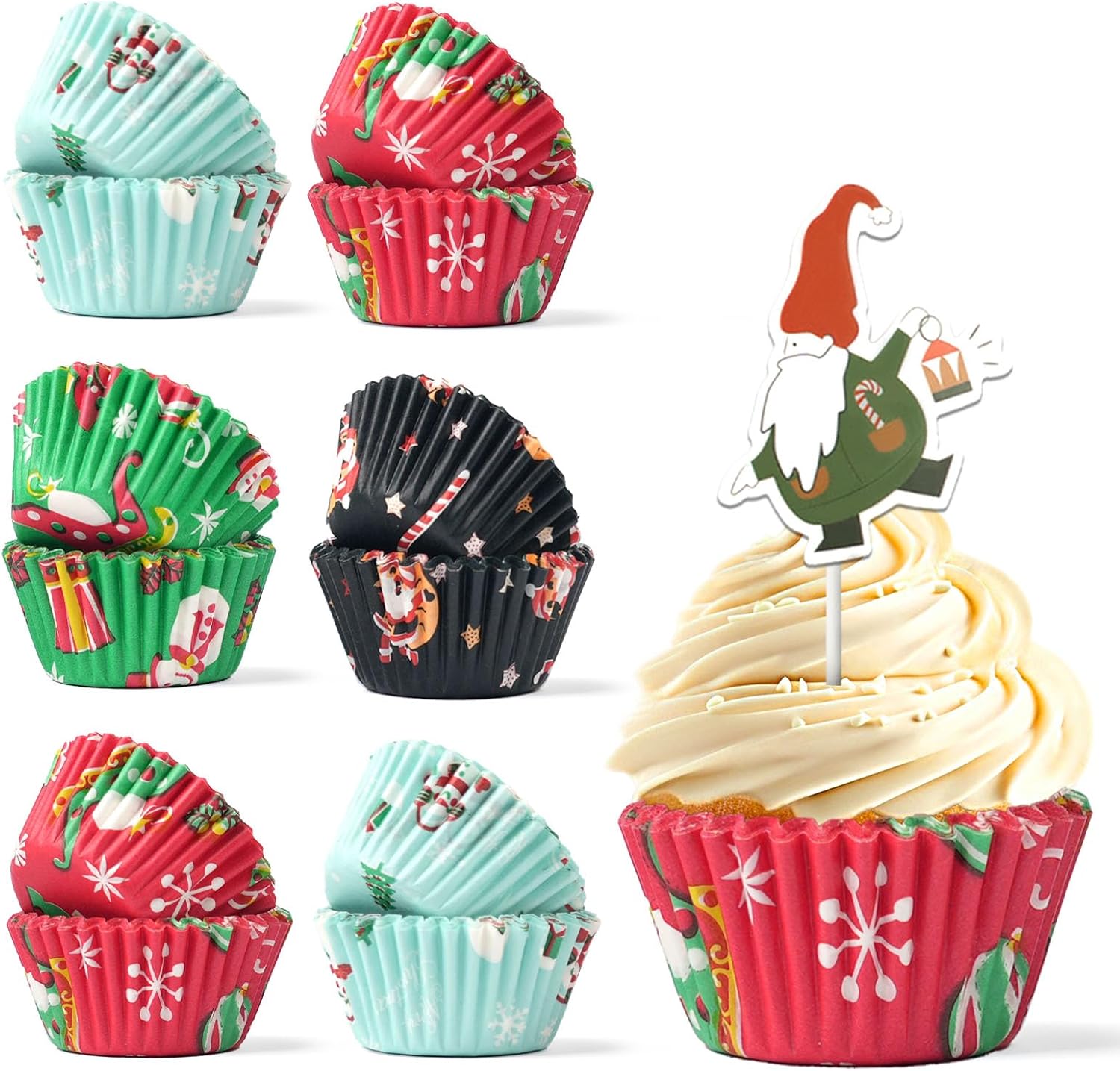 Bake Choice 400 Pcs Mini Christmas Cupcake Cases with 12 Pcs Cupcake Toppers, Christmas Muffin ...