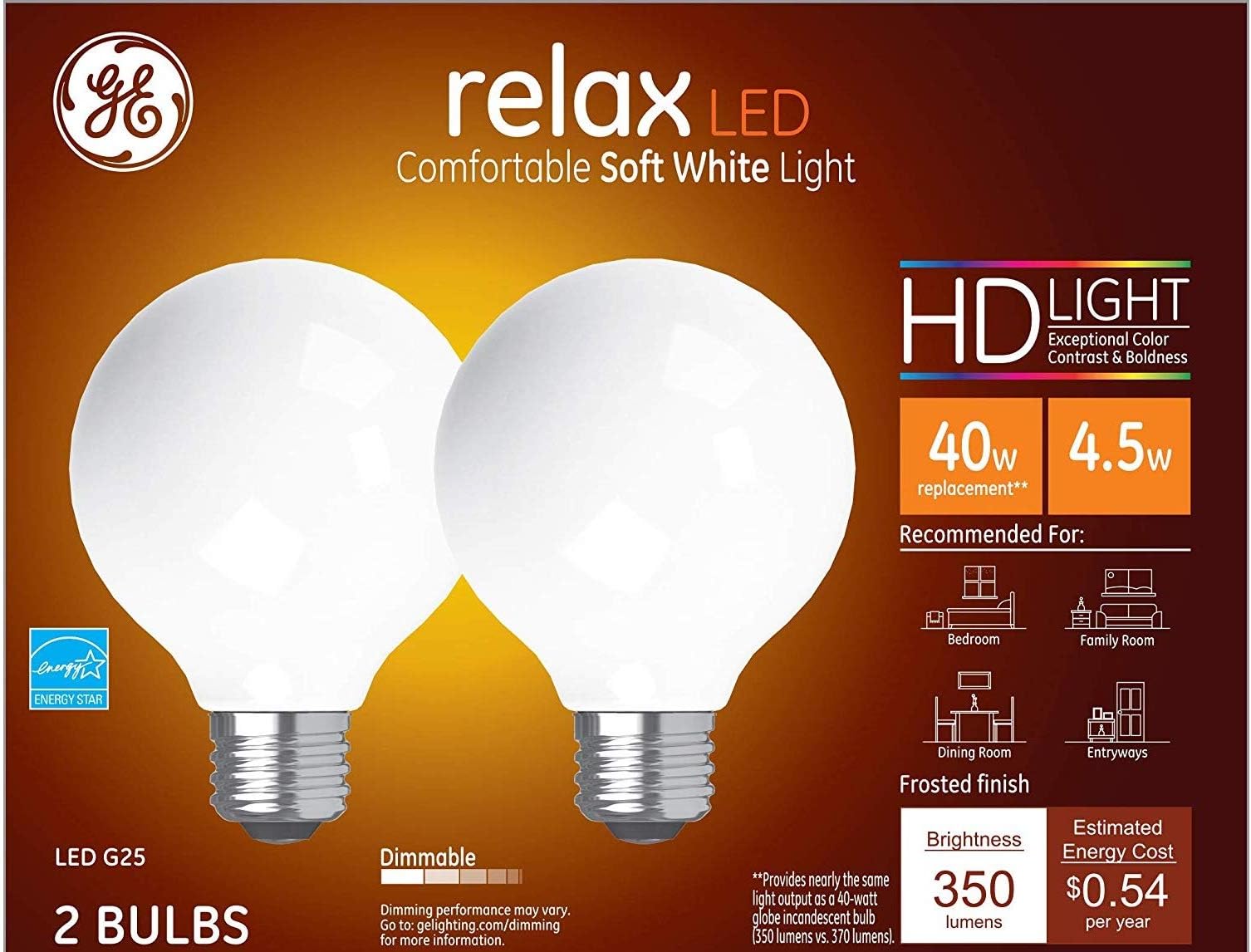 GE Lighting Relax LED Globe Light Bulbs, 4.5 Watts (40 Watt Equivalent ...