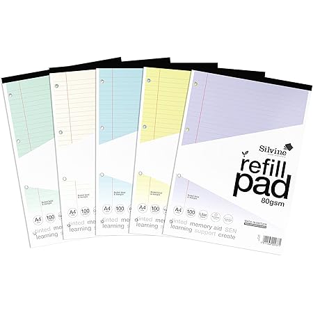 Silvine Assorted A4 SEN Tinted Paper Refill Pads - Lined with Margin (5 ...