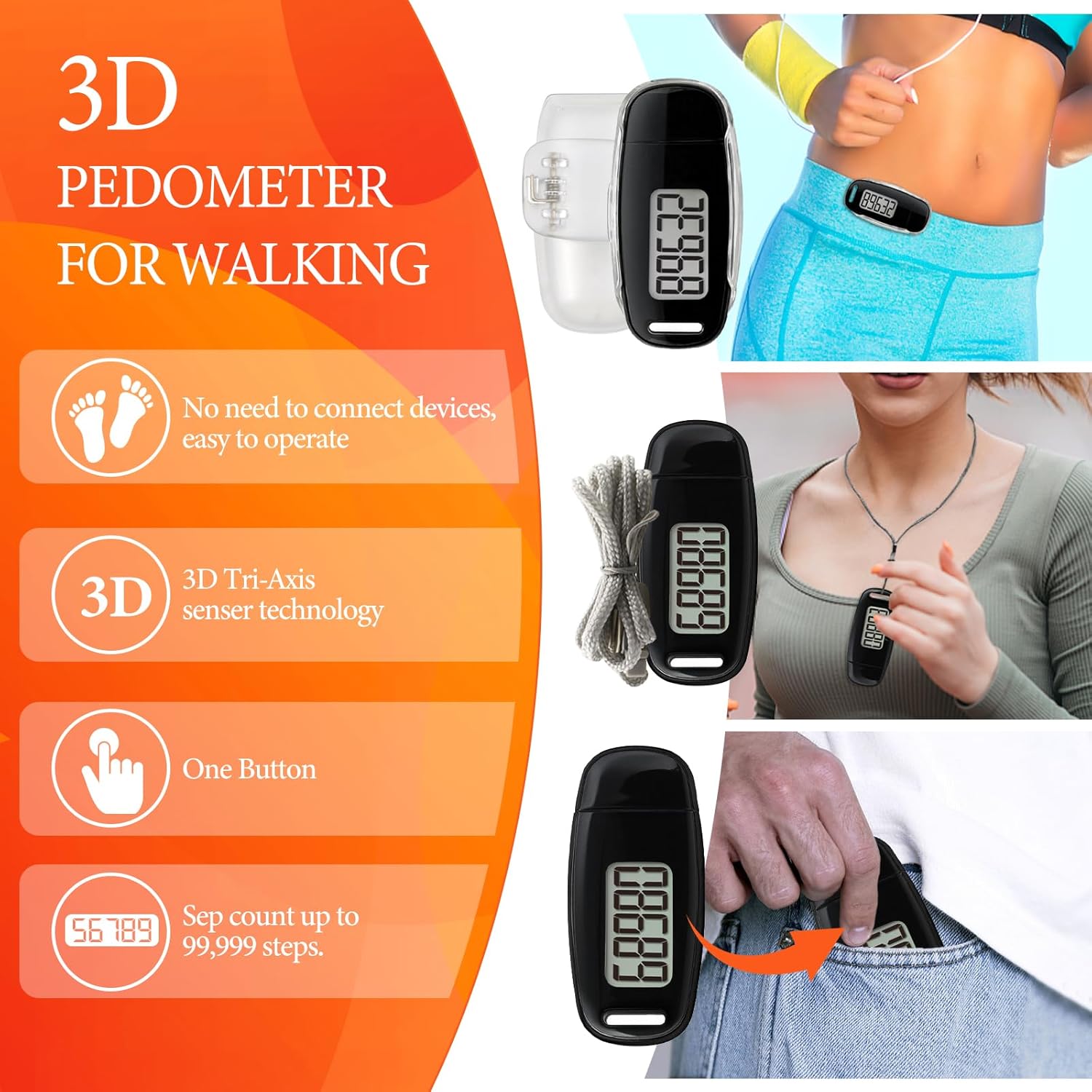 Podómetro 3D para caminar, podómetro para caminar pasos y millas, carga ...