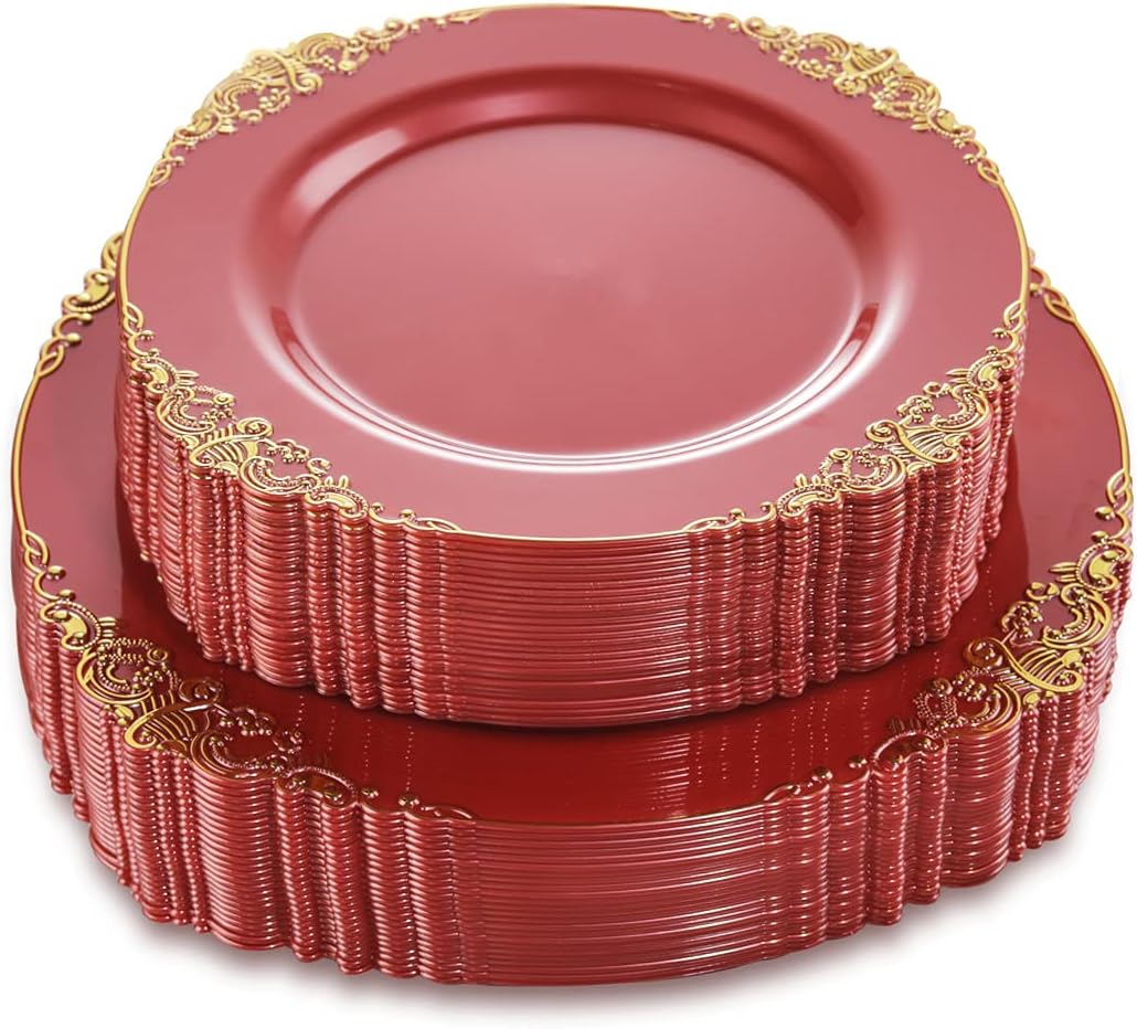 Amazon.com: Liacere 50PCS Red Plastic Plates - Disposable Gold Plastic ...