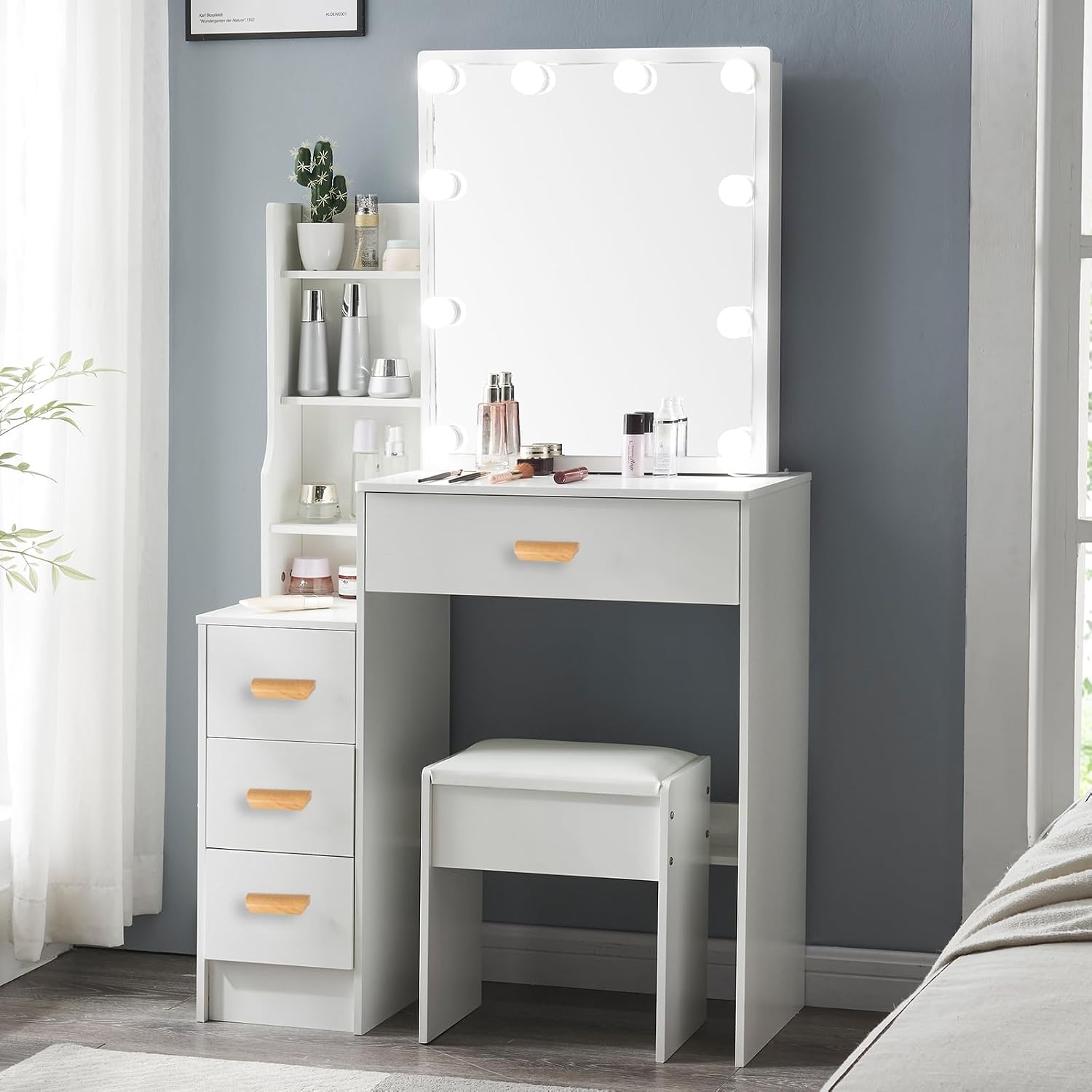 Vanity Dressing Table Set with Mirror and Cushioned Stool Hollywood ...