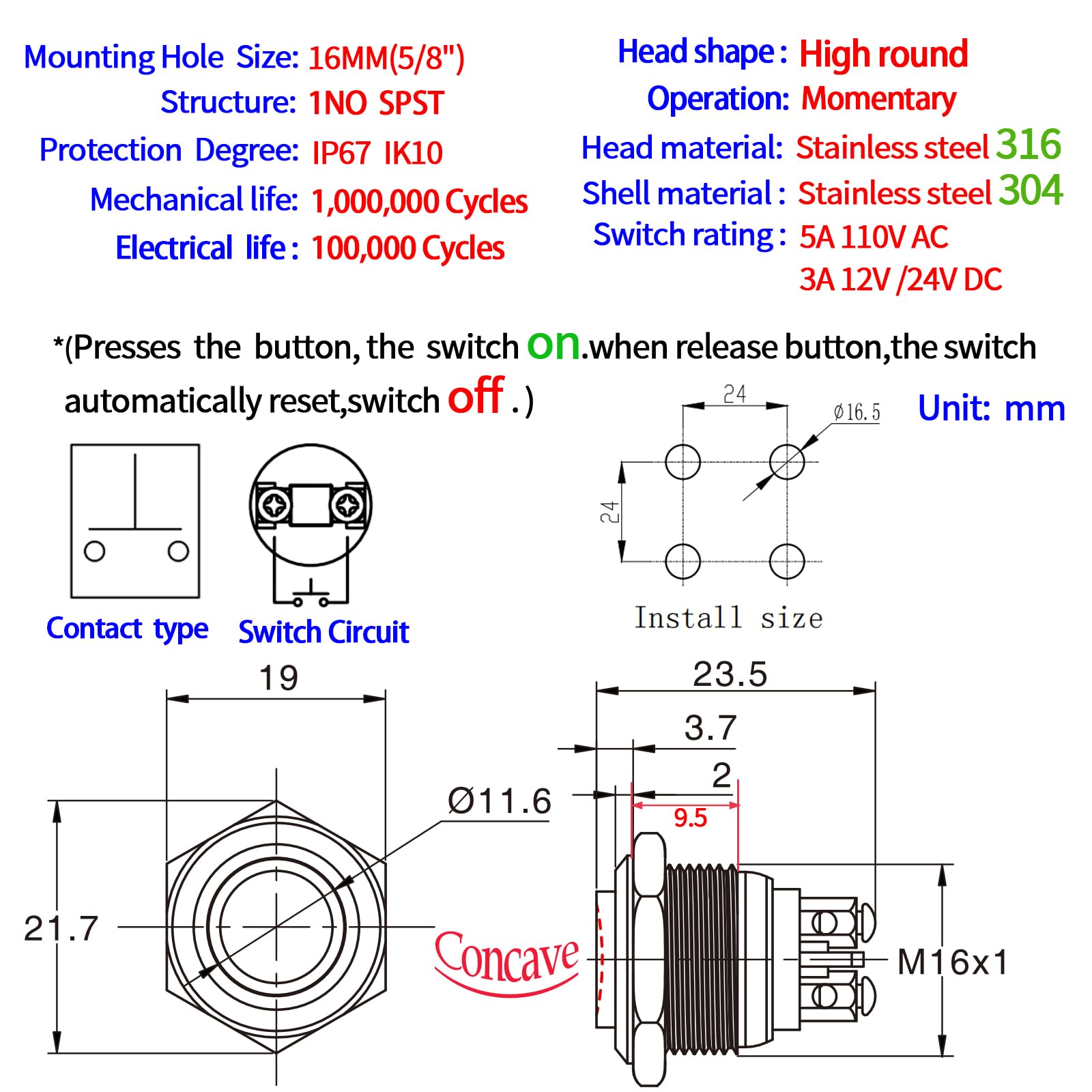 Snapklik.com : (3 Pcs) 16mm 0.63" Momentary Push Button Switch UL ...