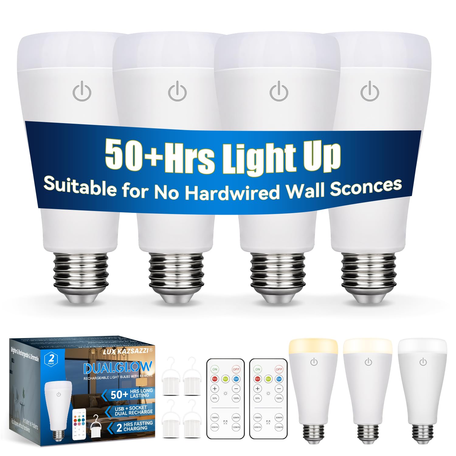 LUXKAZSAZZI DualGlow Rechargeable Light Bulbs with Remote, Lamp Socket ...