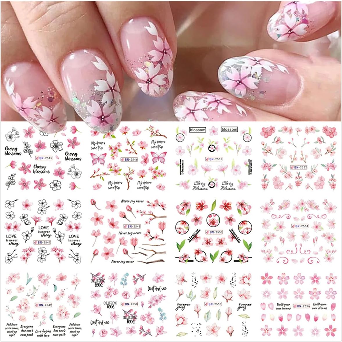 Amazon.com: 12 Sheets Flower Nail Art Stickers Water Transfer Nail ...