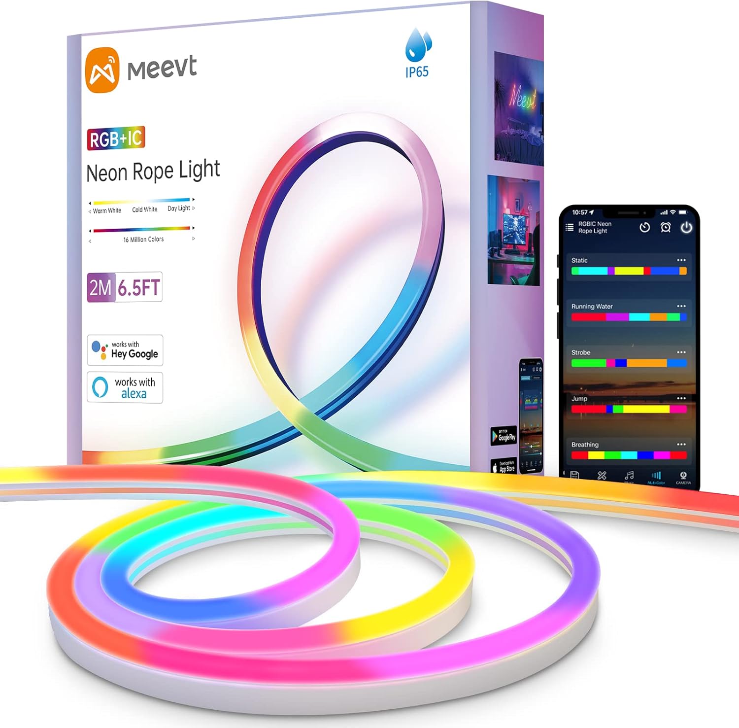 MMEEVT RGBIC neon Ruban LED 2m,IP65 Étanche neon Bande LED intelligente ...