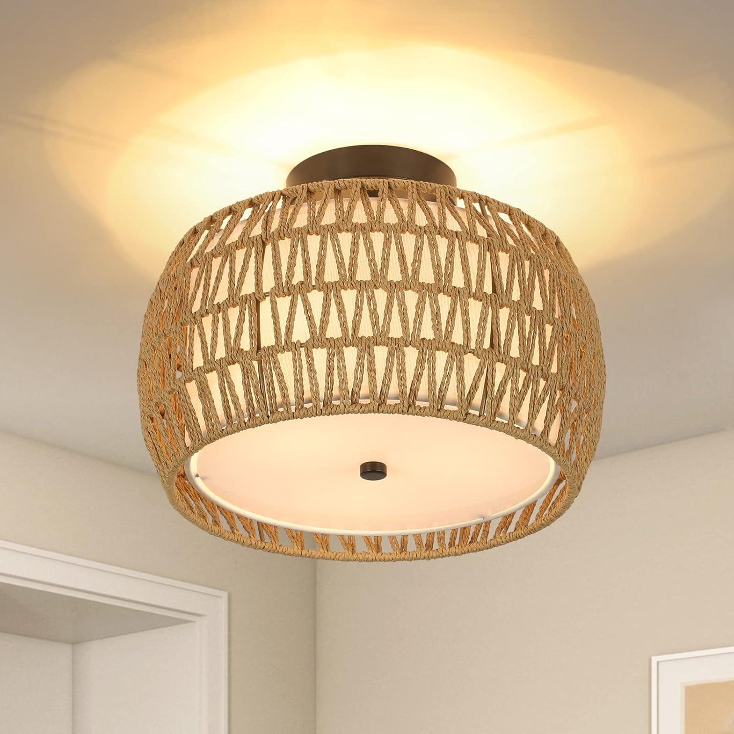 3-Light Semi Flush Mount Ceiling Light, Woven Rattan Light Fixtures ...
