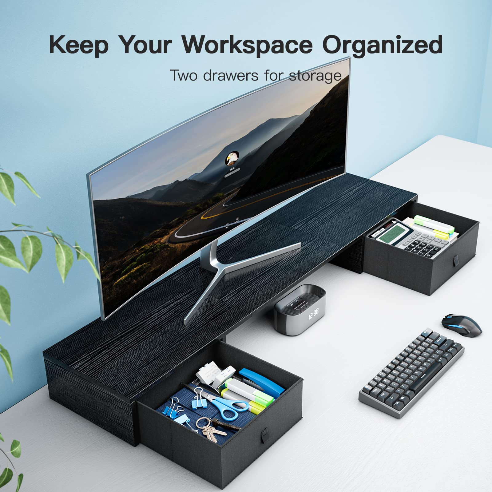 HUANUO Dual Monitor Stand with 2 Drawers , Monitor Riser for 2 Monitors ...