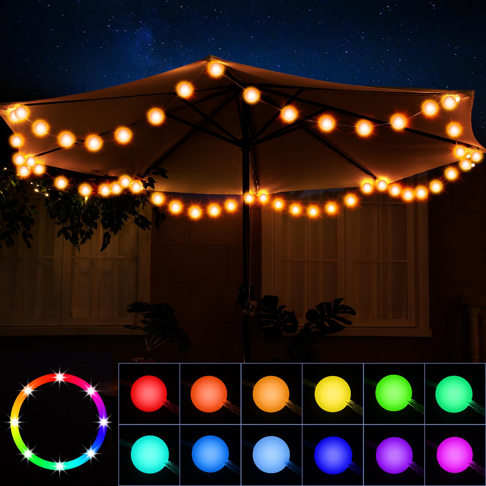 Enhon Patio Umbrella String Lights, 12 RGB LED Color 8 Novel Modes ...