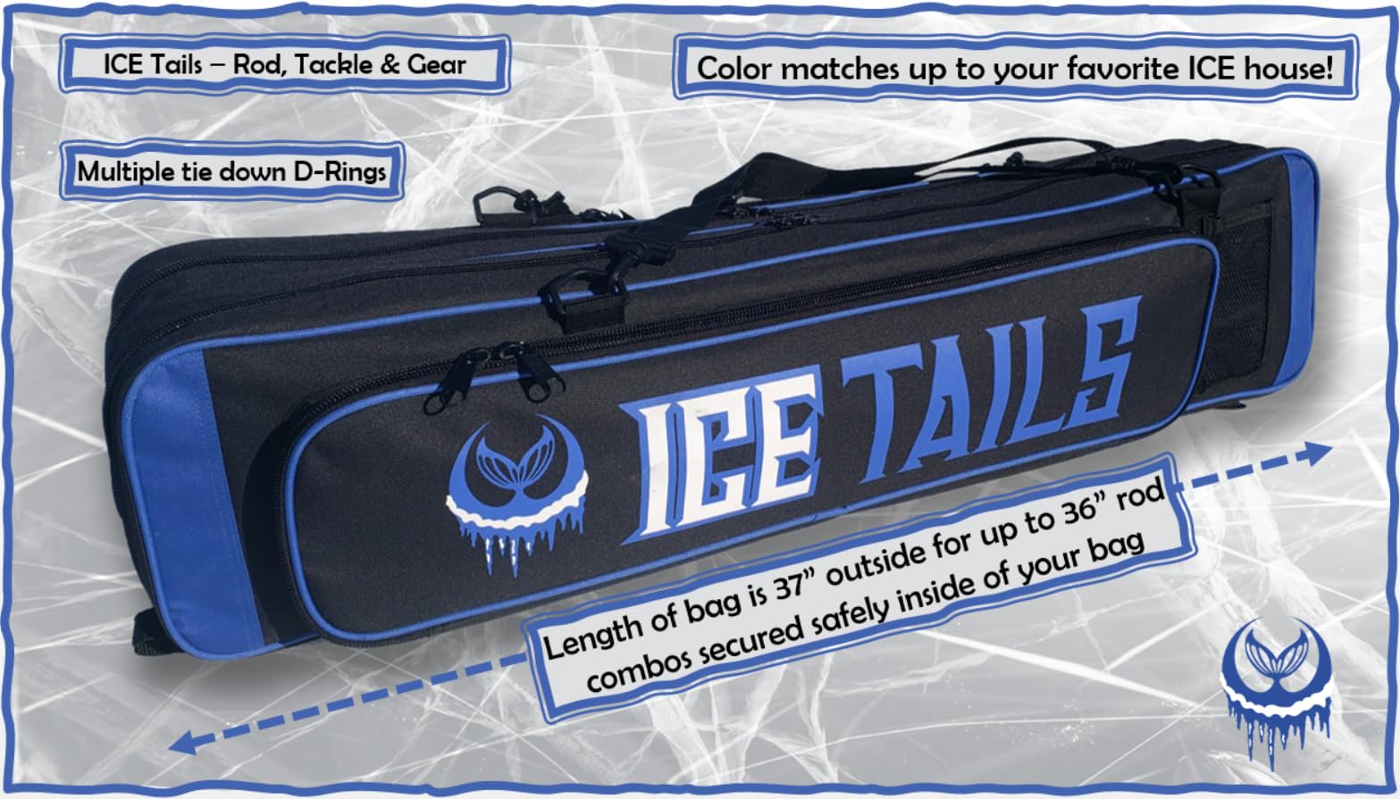 BLUE Ice Tails Portable Fishing Rod & Tackle Bag 36.5” X 8” X 6” Soft ...
