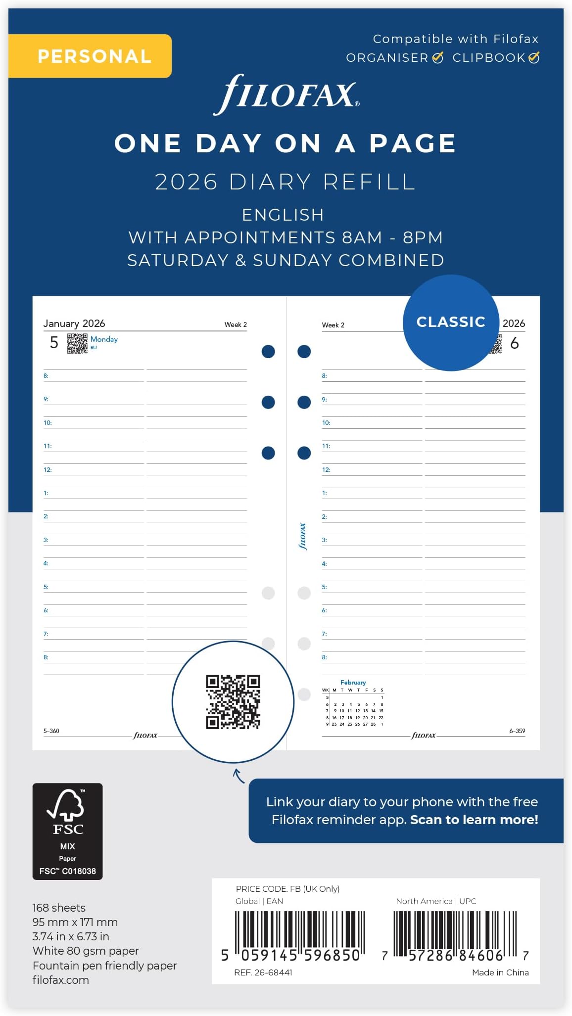 Filofax Personal day per page English appointments 2026 diary 26-68441 ...