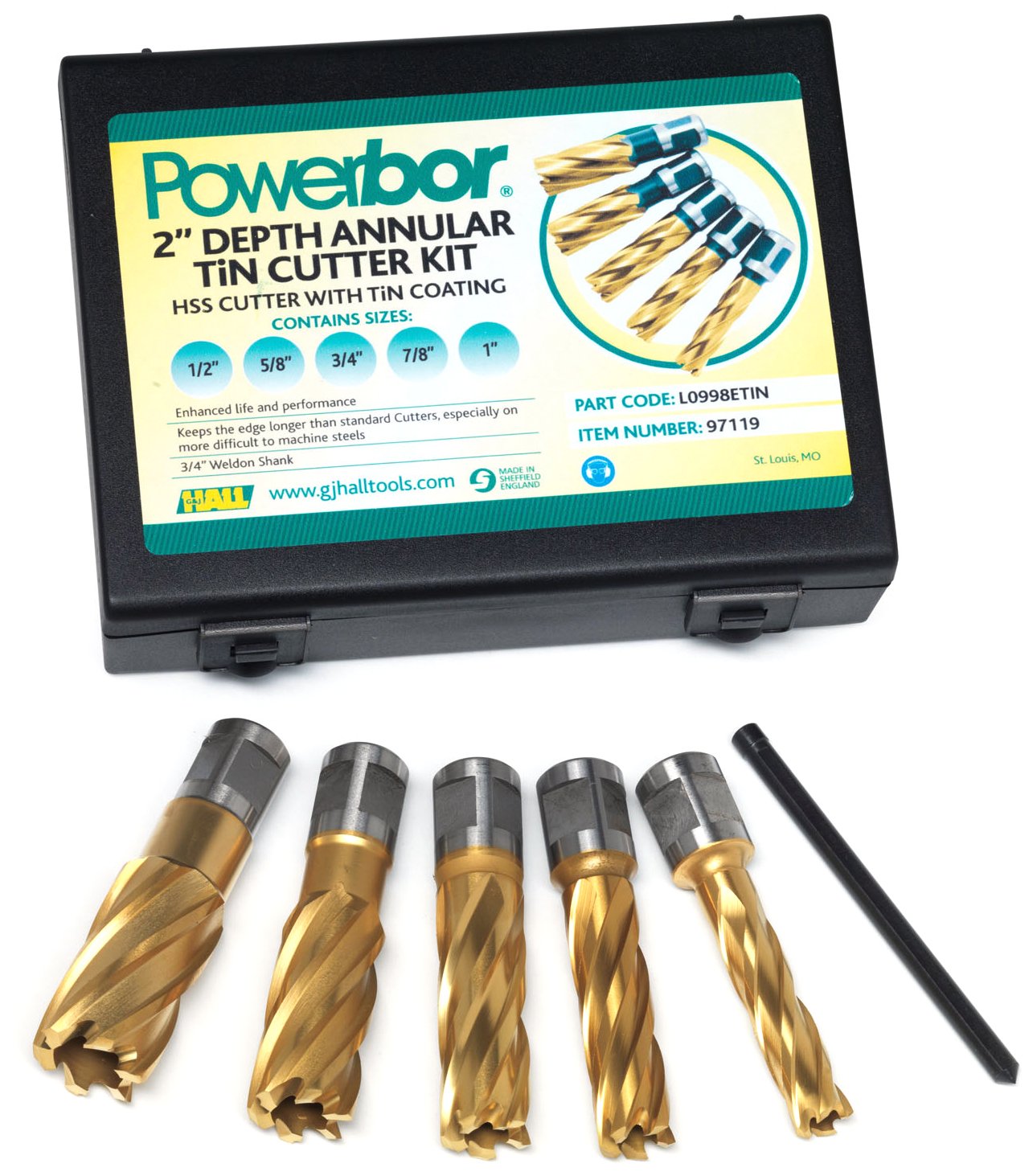 G&J Hall Tools S0998ETIN Powerbor HSS Tin Coated 1" Annular Cutter Kit ...