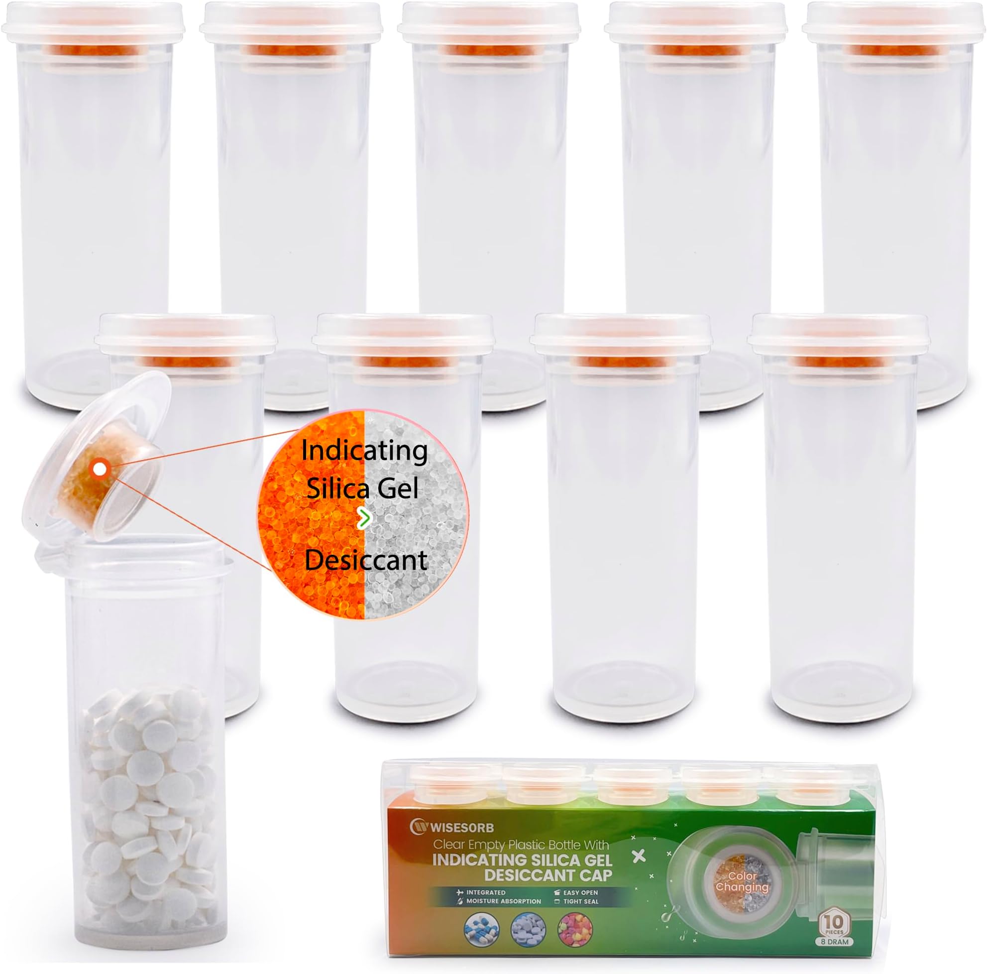 Amazon.com: Wisesorb Desiccant Cap Pill Bottle 8 Dram 10pcs, Pill ...