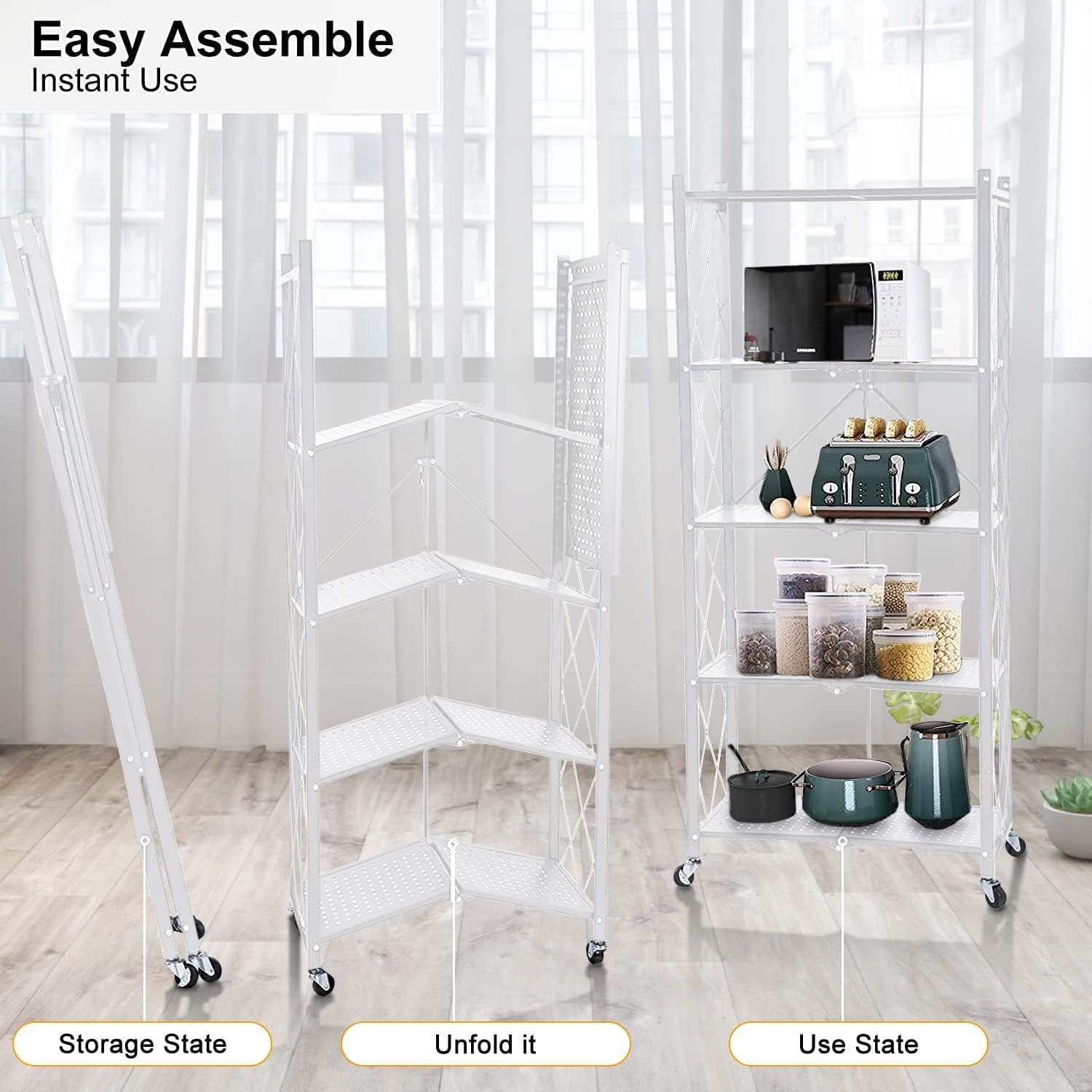 5-Tier Heavy Duty Foldable Metal Rack Storage Shelving Unit with Wheels ...