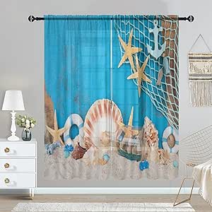 Amazon.com: Zmcongz Beach Window Curtain Panels Coastal Fishing Nets ...