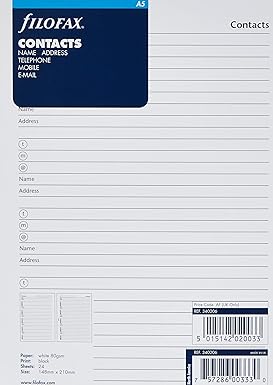 A5 Filofax Contacts Refill. Name, Address, Telephone, Mobile, E-Mail ...