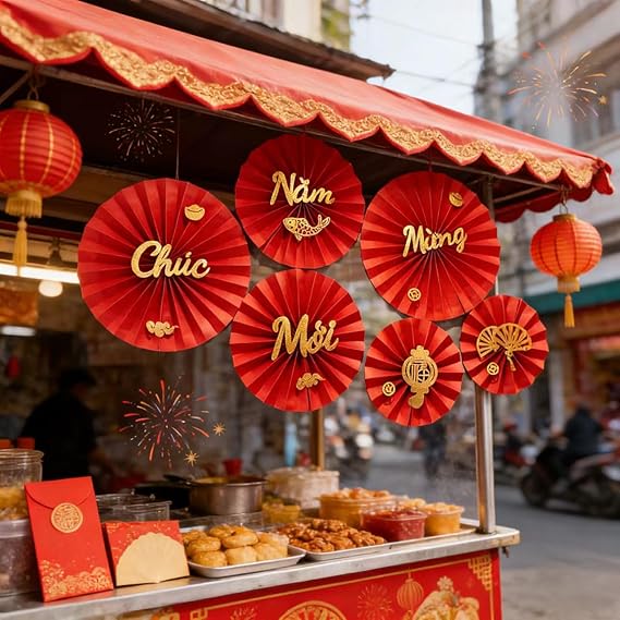 Amazon.com: KYMY Vietnamese New Year Red Paper Fans Set, 2026 Tết ...