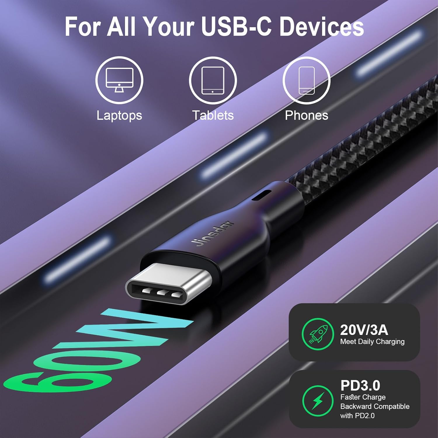 Cable de carga USB C, cable trenzado USB C a USB C (6 pies, paquete de 2), cable 3A tipo C de 60 ...