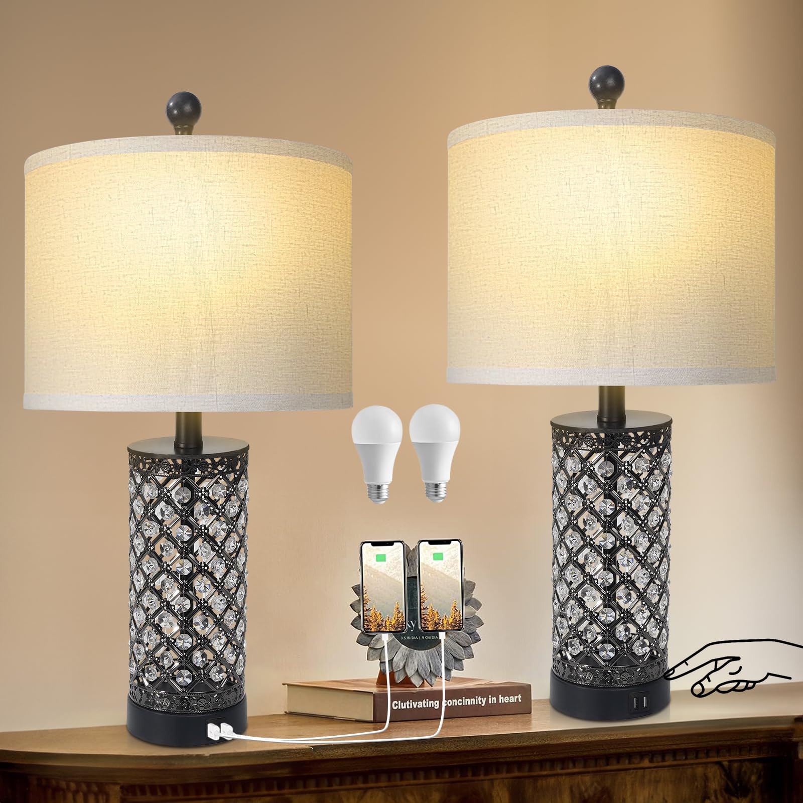 VELXEE Touch Control Table Lamps Set of 2, Modern Crystal Bedside Lamp ...