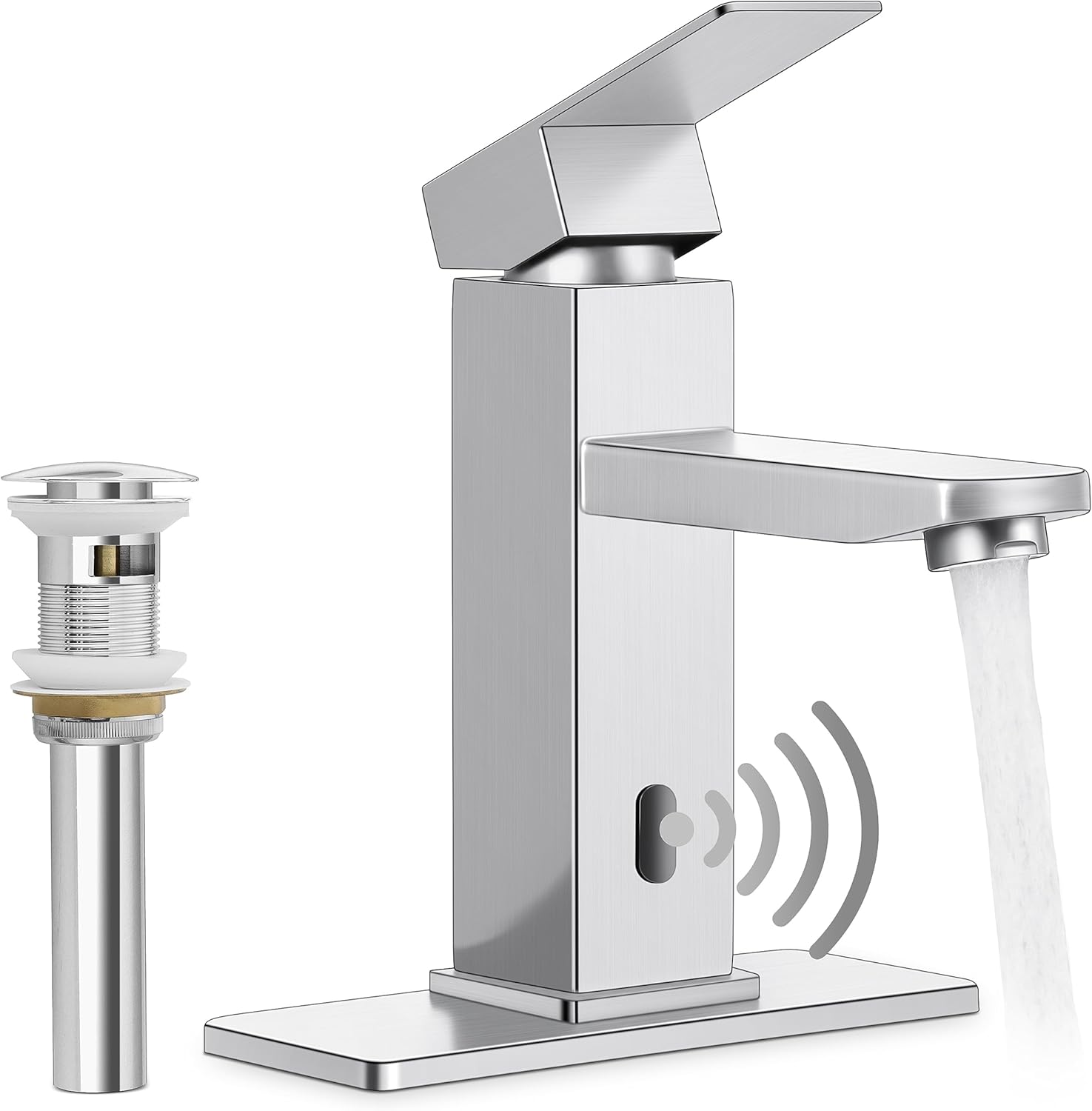 Amazon | Homikit タッチレスバスルームシンク蛇口 ポップアップドレイン&デッキプレート付き ステンレススチール 自動モーション ...