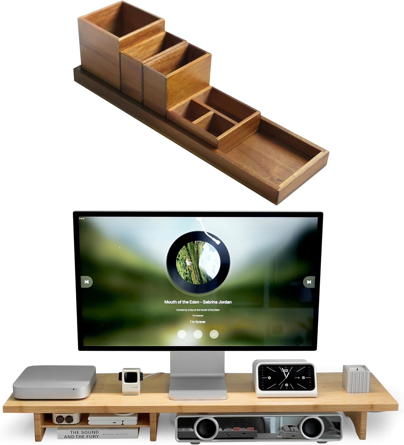 Amazon.com: ROCDEER Wood Vanity Tray and Bamboo Dual Monitor Stand ...