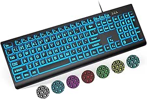 SABLUTE Large Print Backlit Keyboard, Wired USB Lighted Computer Keyboards with 7-Color & 4 ...