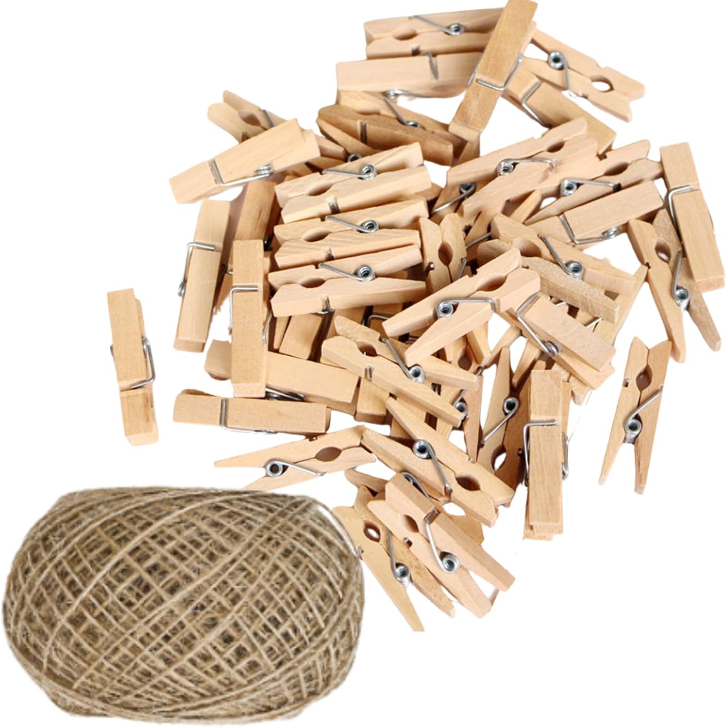 Amazon.co.jp: Quikaboo ミニクロスピン クロスピン 木製クリップ 麻紐 木製ピンチ 手芸 写真 約100m 100pcs : ホビー