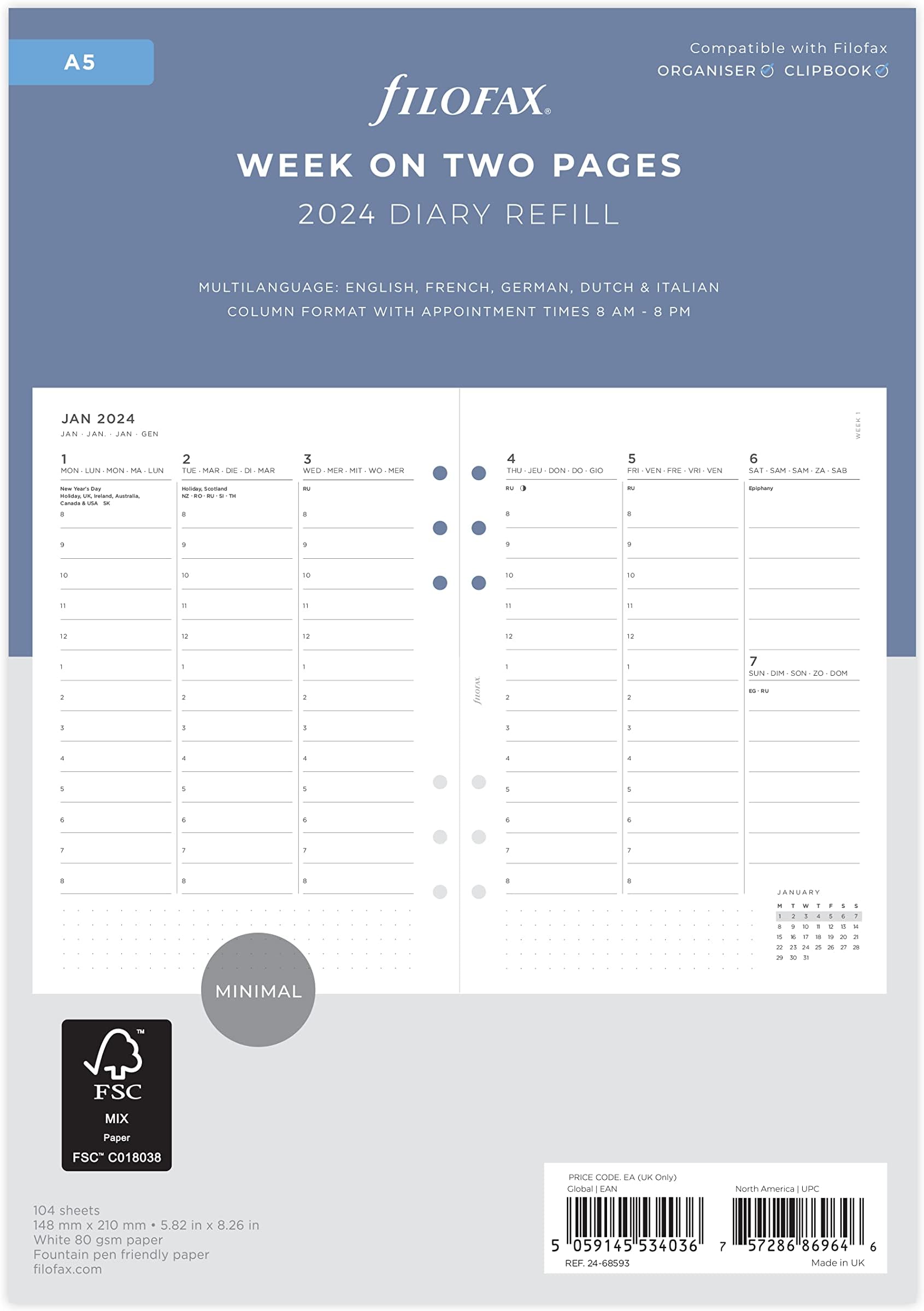 Filofax Agenda 2024 2024 blanc A5 - Semaine sur 2 pages - Format A5 ...