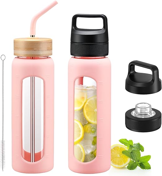 Amazon.com: Kodrine 24 oz Glass Water Bottle with Straw, Clear Chug Lid ...
