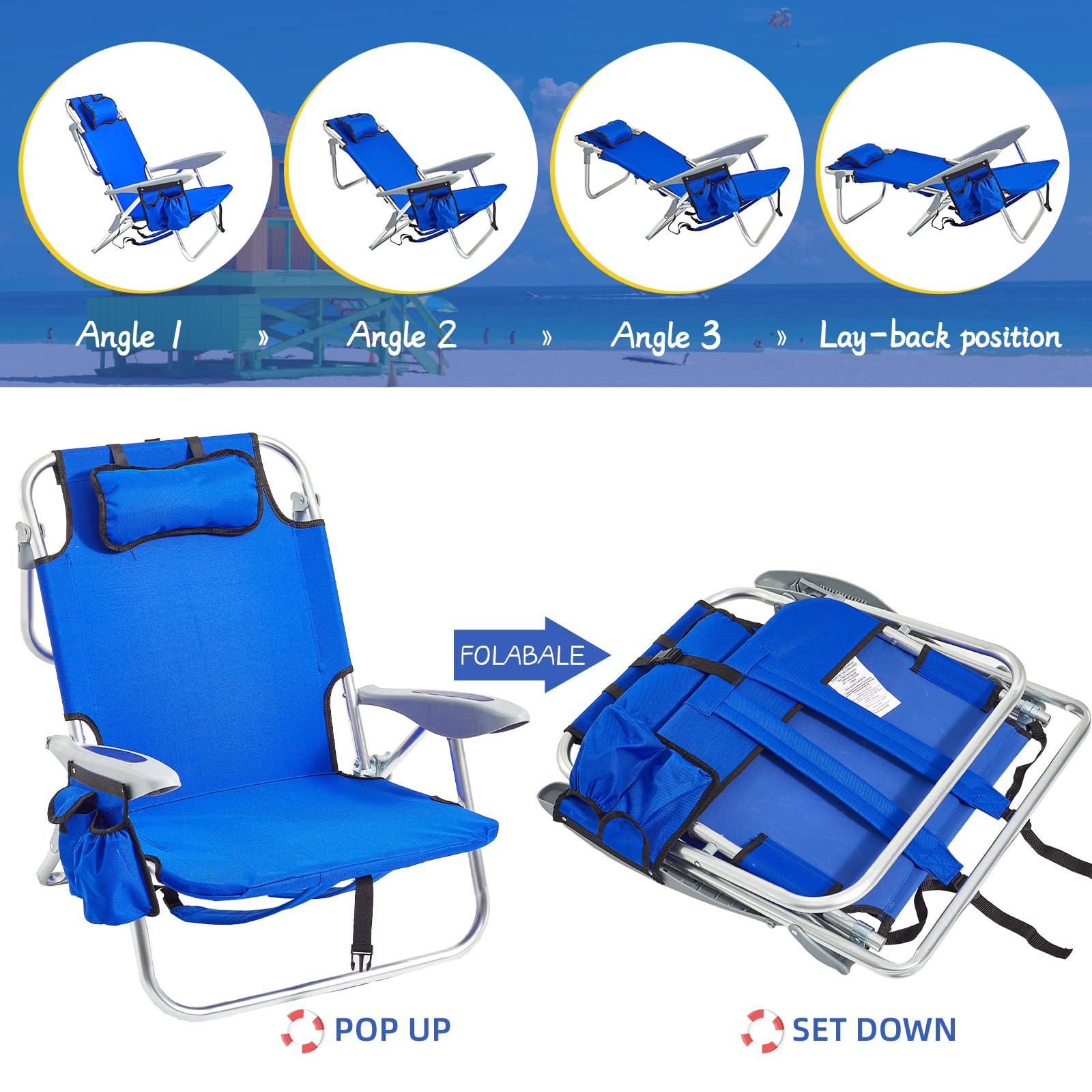 Canpsky Portable Beach Chair for Adults, 4 Position Backpack Folding ...