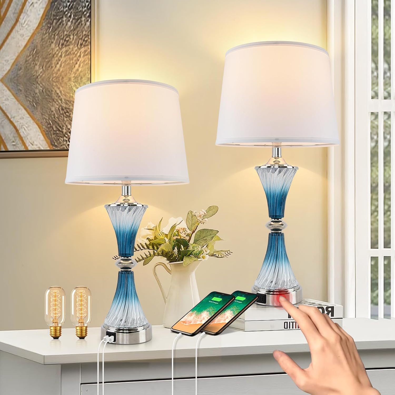 Modern Table Lamps Set of 2: Coastal Glass, Blue & Cyan, LED, Touch ...
