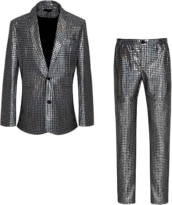 Amazon.com: Men's 70s Disco Suit Set with Metal Sequin Jacket and Pants ...