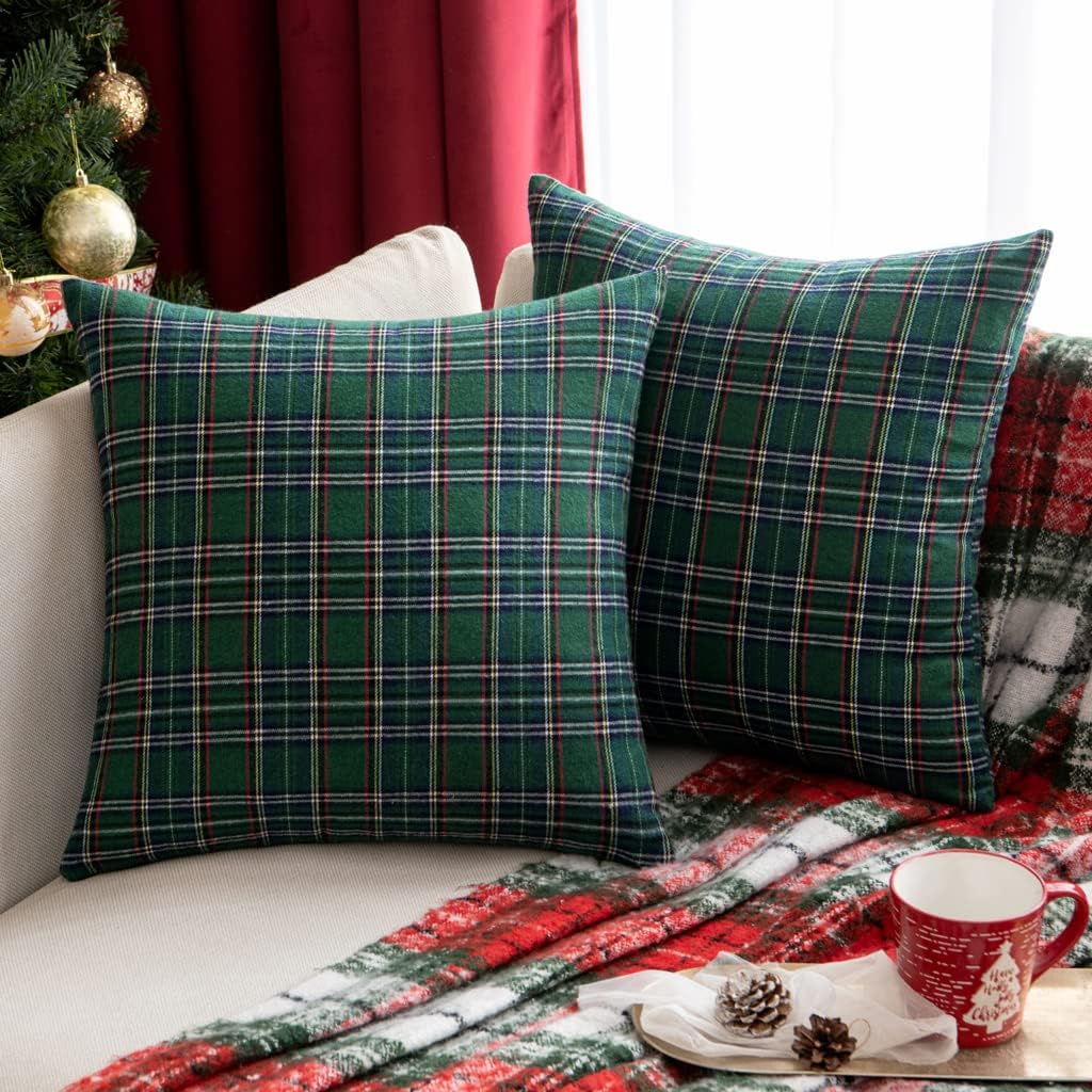 Amazon.com: EMEMA Christmas Green Tartan Plaid Throw Pillow Covers ...